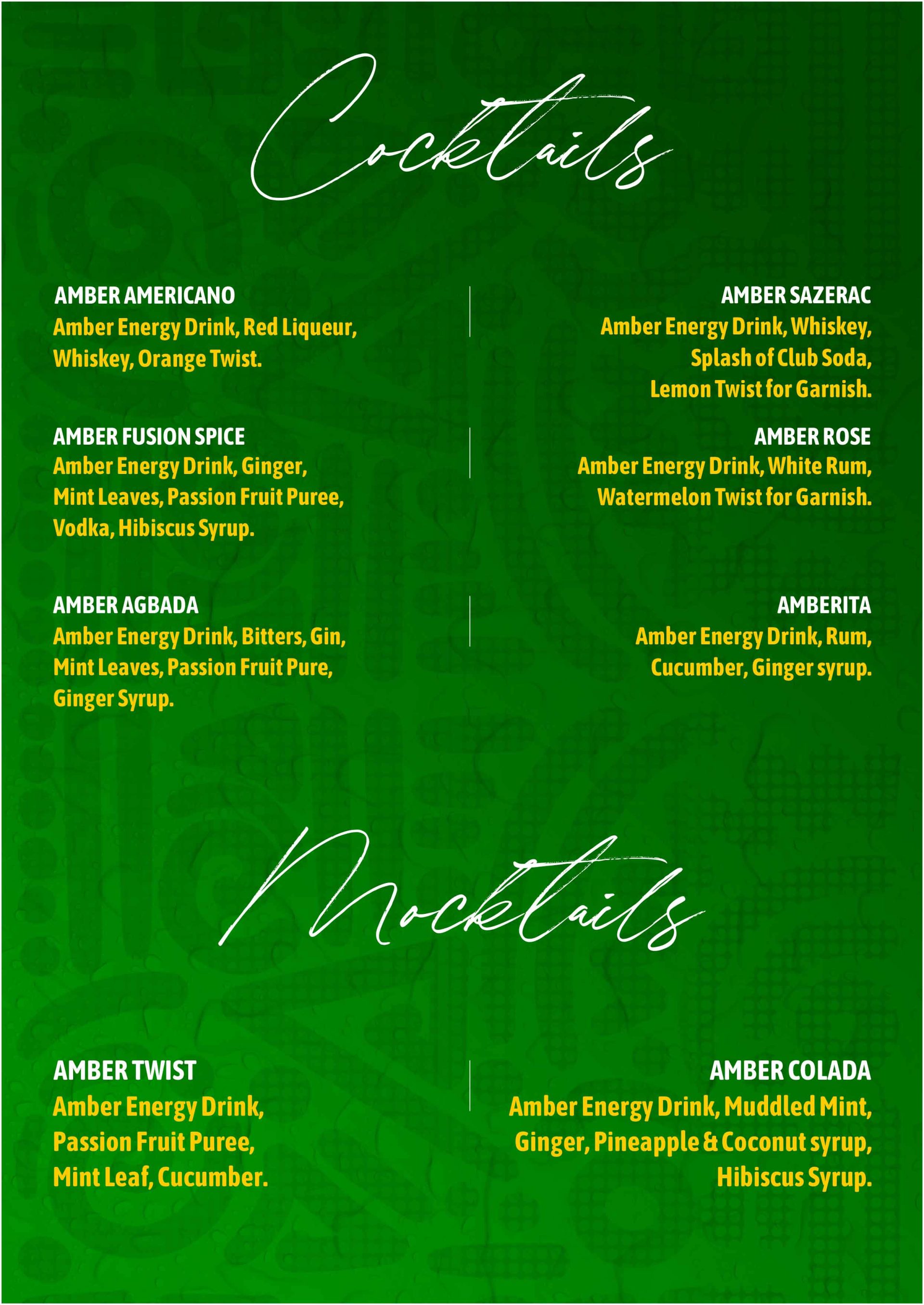 Amber Energy Drink Cocktail Menu - Amber Energy Drink